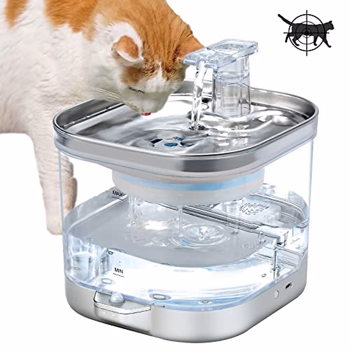 Spofan Cat Water Fountain Battery Operated, 2L/67oz Automatic Infrared Sensing Pets Waterer Fountain for Cats/Dogs Inside with Wireless Pump, Foodgrade 304 Stainless Steel Tray, 3 Filters