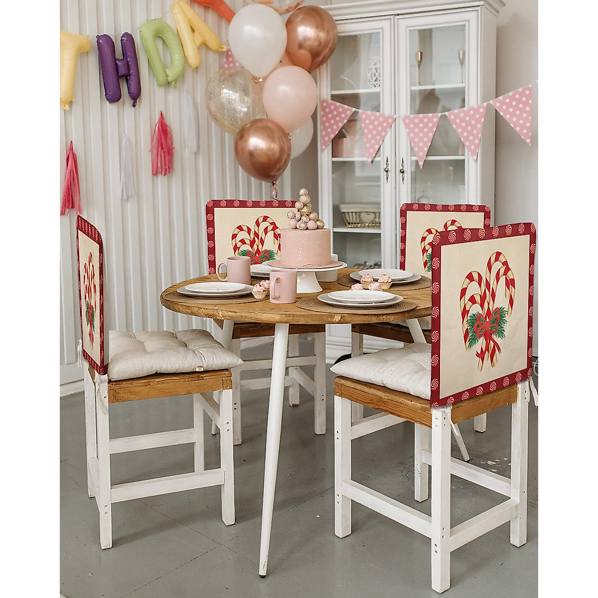 Christmas Candy Cane Chair Back Cover, Dining Chair Protector Covers, Bowknot Red Board Vintage Chair Covers Removable Chair Slipcovers for Weeding Banquet Party 19"x18", 4 Pack