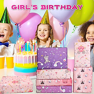 Edunass Wrapping Paper Girls Birthday Wrapping Paper Sheets,Purple Castle Pink Gift Wrapping Paper Set Gift Wrap Birthday Paper(6 Sheets 28" Lx20 W per Sheet)