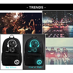 Lmeison Boys Backpack for School, Anime Cartoon Luminous Backpack with Lunch Box Pencil Case, Waterproof School Bookbag for Teen Girls, Laptop Backpack for Middle School High School, College, Black