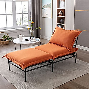 Modern Linen Fabric Accent Chair with Ottoman Set, Upholstered Lounge Chair with Black Metal Legs Comfy Recliner Chair with Back Large Living Room Chair with Footrest Sofa Bed for Bedroom, Orange