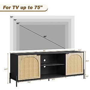 TV Stand for 75 inch TV, Entertainment Center with Storage, 65 inch TV Console Table with 2 Doors, Wooden Media Console Cabinet with Metal Legs, Rattan TV Stand for Living Room, Bedroom - Black