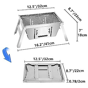 Aumfky Folding Charcoal Grill, Stainless Steel Portable BBQ Grill, Outdoor Small Barbecue Grill for Camping Hiking Picnics Traveling 12.5''x8.7''x7''