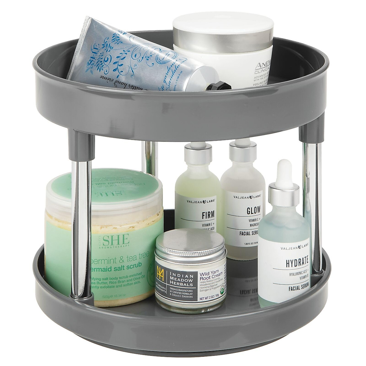 mDesign 2 Tier Lazy Susan Turntable Food Storage Container for Cabinets, Pantry, Fridge, Countertops - Raised Edge, Spinning Organizer for Spices, Condiments - 9" Round - Charcoal Gray/Chrome