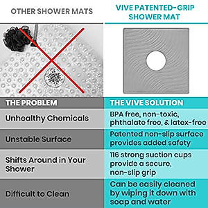Vive Shower Mat - 22" by 22" Square Non Slip Large Bath Mat for Bathtub - Patented Design - Suction Cup Traction Skid Pad for Stalls Floors Tub - Textured Rubber with Drain Hole