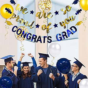 Navy Blue Gold 2023 Graduation Party Decorations We are So Proud of You Congrats Grad Graduation Banner Graduation Cap Diploma Star Garland Backdrop for Congratulations 2023 Grad Party Supplies