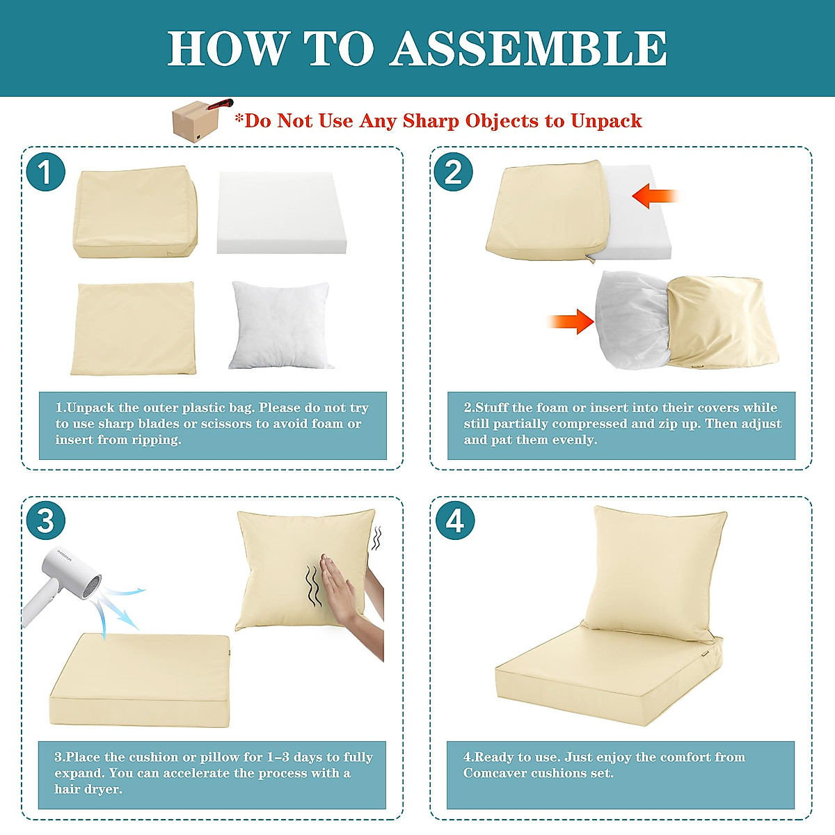 Comcaver Outdoor Cushions for Patio Furniture, Waterproof Fade and Tear Resistant Deep Seat and Backrest Cushion Set for Chair Couch Swing, 22x22 Inch, Beige, 1 Set