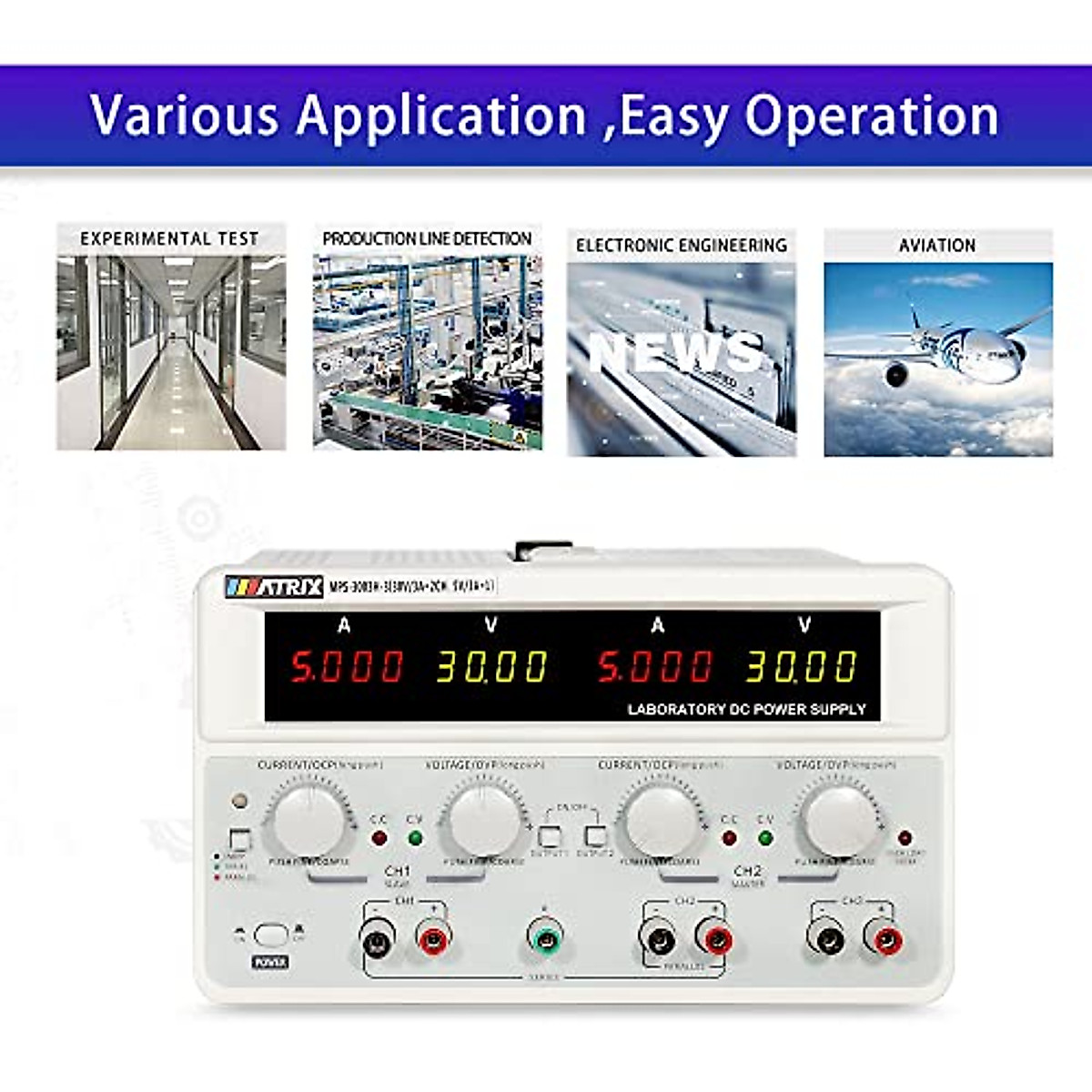 MATRIX MPS-3005H-3 Triple Linear DC Power Supply,30V 5A Adjustable Variable Low Ripple Benchtop DC Power Supply Digital Regulated Lab Grade with 4 Digits Display with Series and Parallel Mode