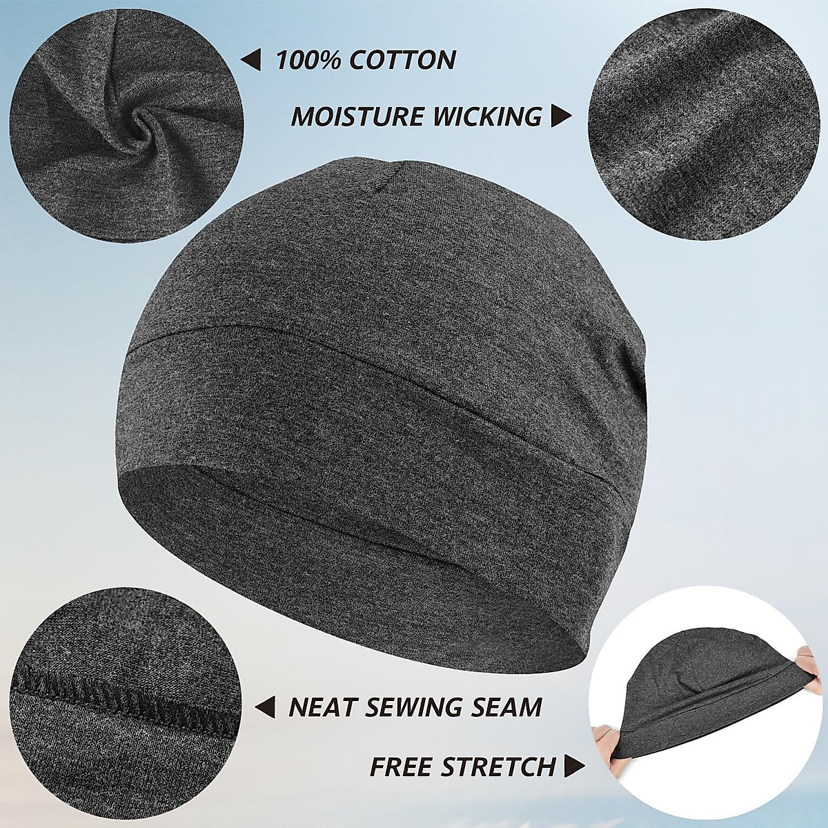 Headshion Cotton Skull Caps for Men Women,4-Pack Lightweight Beanie Sleep Hats Breathable Helmet Liner