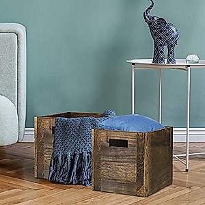 SOLLASI Wood Decorative Storage Cube Boxes with Handles, Rustic Brown Large Storage Baskets For Shelves, Stackable Cube Containers Organizing Bins for Toy, Clothes, Books, Office, 11” x 11” x 11”