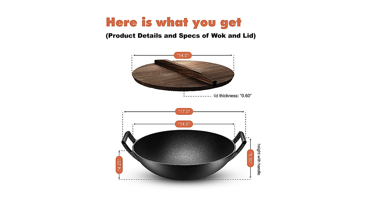 Klee Cast Iron Wok Pan 14" with Lid - Versatile Non-Stick & Heavy Duty