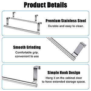 4 Pcs Cabinet Door Towel Bar, Dish Towel Rack for Cabinet, Stainless Steel Kitchen Towel Holder, Over The Door Hand Towel Hanger for Kitchen Bathroom Cupboard (4*Small Sliver)