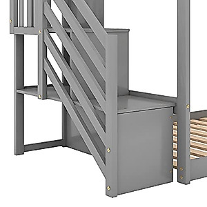 POCIYIHOME Twin Over Twin Bunk Bed with Convertible Slide and Stairway, Modern Floor Bunk Bed with Full-Length Guardrail & Solid Slat Support for Kids,Teens, No Box Spring Needed, Gray