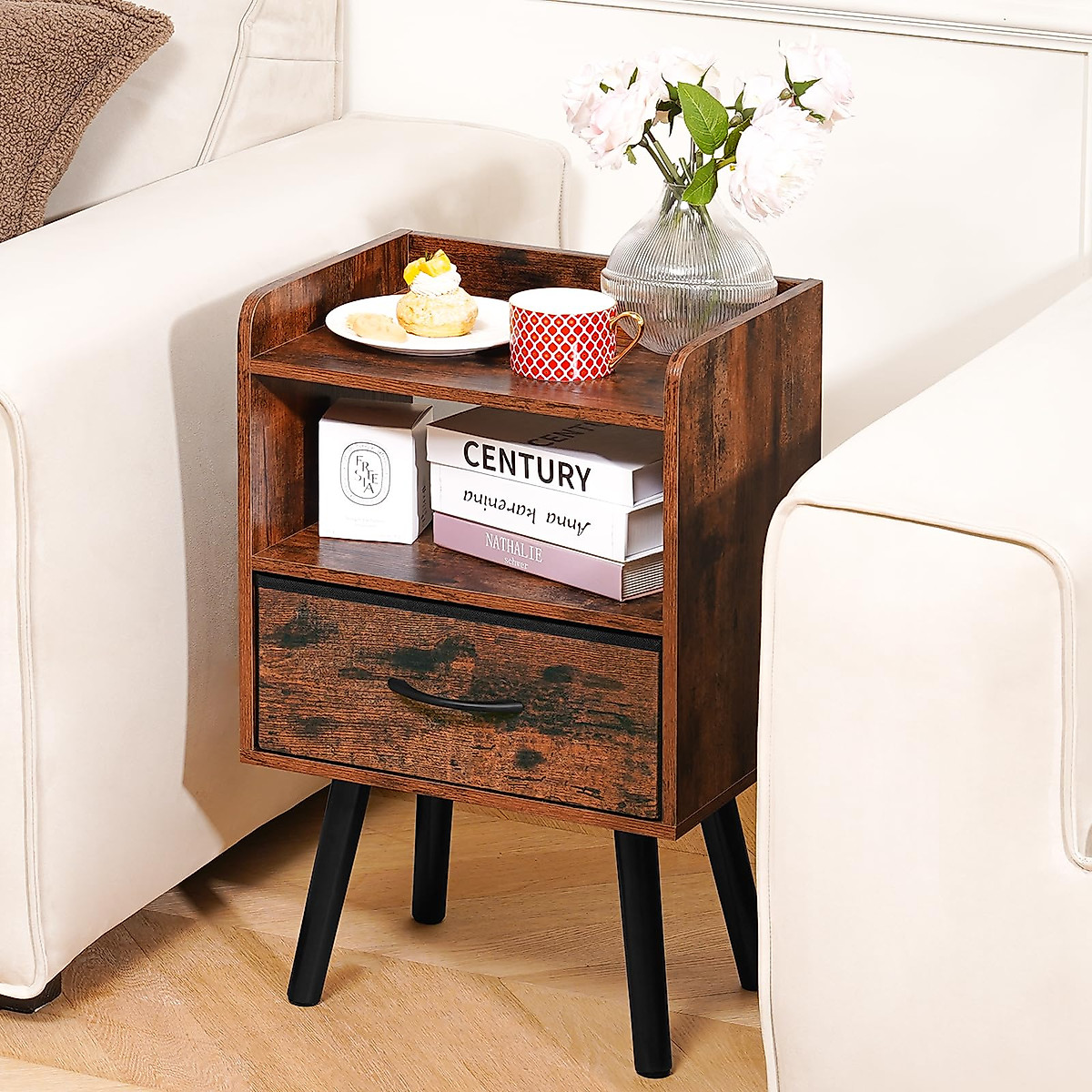 Yoobure Night Stand with Fabric Drawer, Modern Nightstand, Bedside Tables, Mid Century Nightstands with Open Storage Shelf, Wood Bedside Table, Small Night Stands for Bedrooms, 2-Tier Night Table