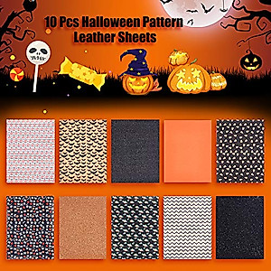 FINGERINSPIRE 10Pcs Halloween Theme Printed Faux Leather Sheets Assorted Synthetic Leather Fabric(8.3x6.3inch) for Making Hair Bow Earrings Making Crafting Party Decor DIY Projects