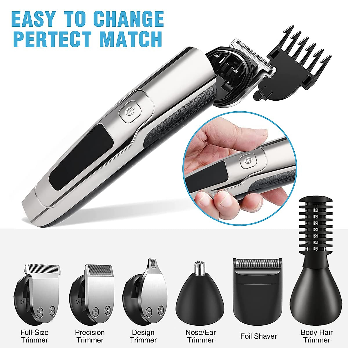 PRITECH 6 in 1 Beard Trimmer for Men Electric Hair Clipper Cordless Mens Grooming Kit, Hair Trimmer & Mustache Trimmer & Nose Hair Trimmer& Micro Shaver Waterproof LED Display(Silver)