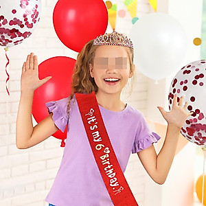 6th Birthday Decorations for Girls, Birthday Princess Crown Queen Tiara, It's My 6th Birthday Sash, 6 Year old Birthday Cake Topper, Number Candles Balloons Set for Birthday Party Supplies, Red