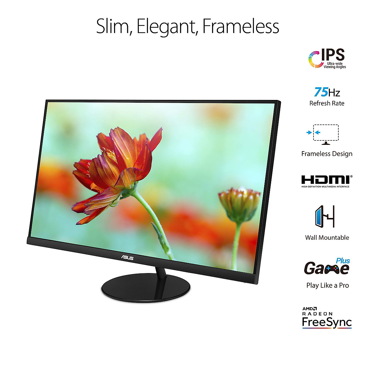 ASUS VL279HE 27” Eye Care Monitor, 1080P Full HD (1920 x 1080), IPS, 75Hz, Adaptive-Sync, FreeSync, HDMI D-Sub, Frameless, Slim, Wall Mountable, Flicker Free and Blue Light Filter,BLACK (Renewed)