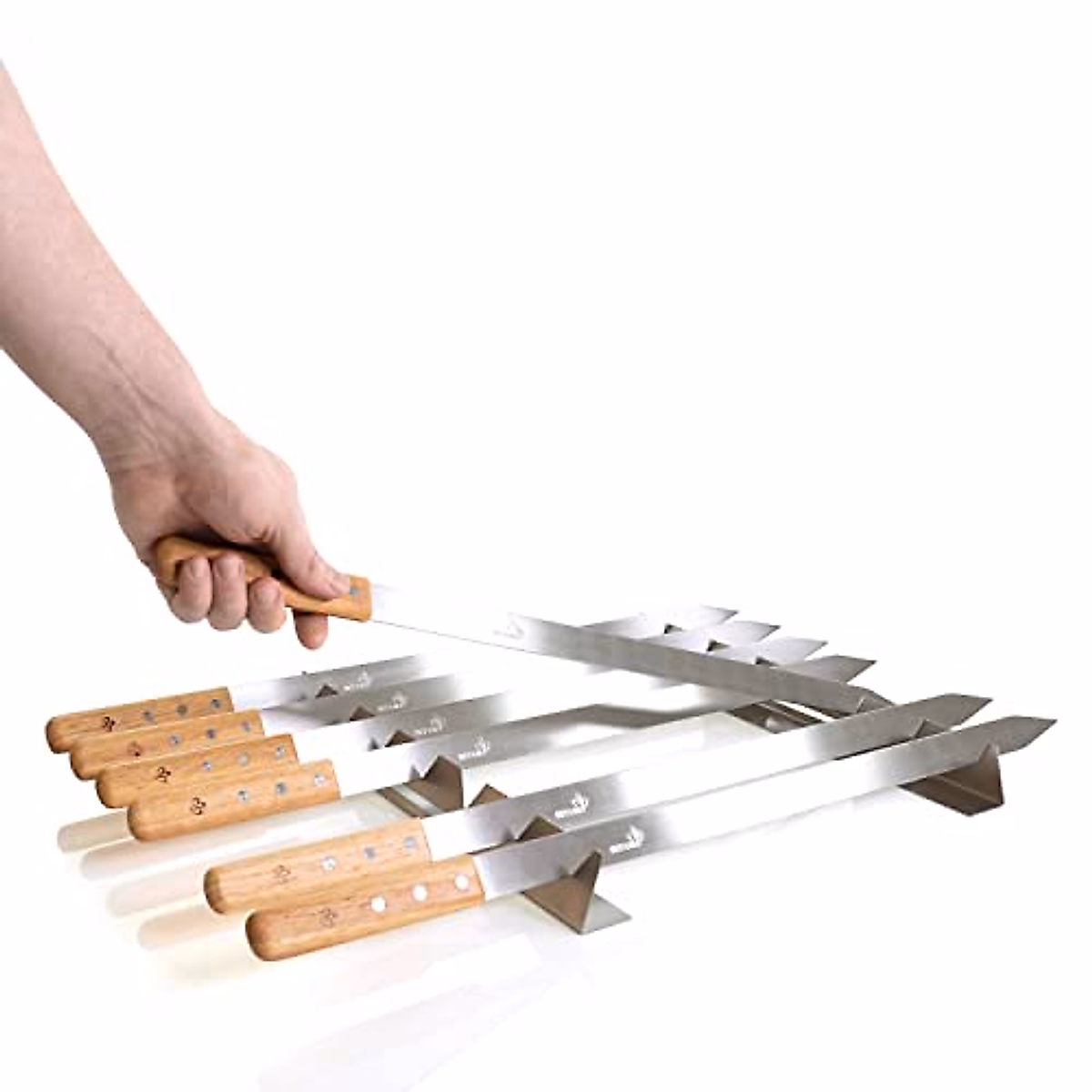 SETAMA Stainless Steel Kabob Skewers - Set of 7 - Flat 1 Inch Wide Blades - Rust Proof - 7 Piece Koobideh/Persian/Brazilian Kebab Skewer and Rack Set - With Basting Brush, Cloth & Storage Bags