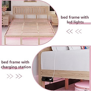 Natural Solid Rubber Wood King Bed Frame with Outlets, Platform Bed with Wooden Headboard and Slats, No Box Spring Needed, Easy Assembly, King Size