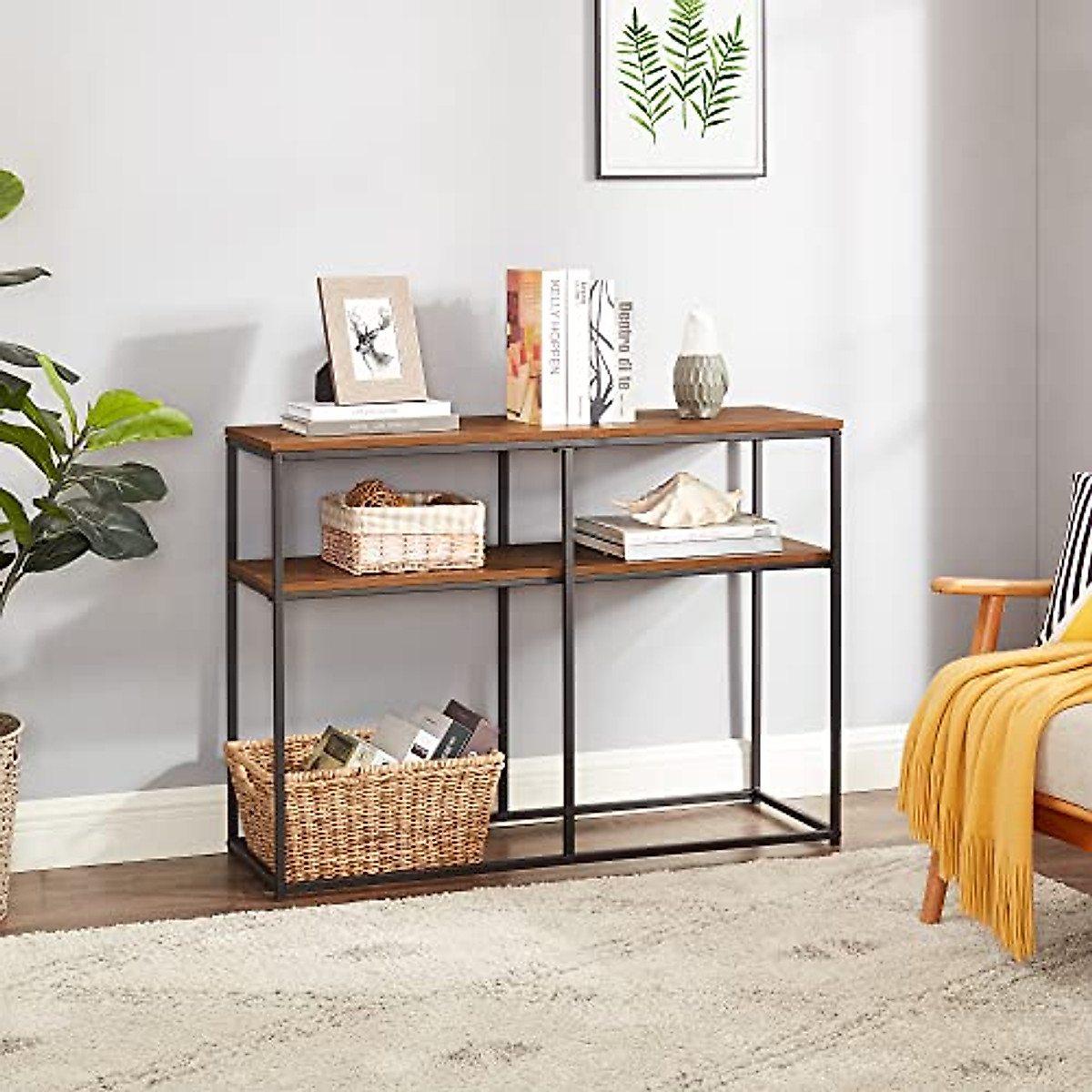 VECELO Console Sofa Table,with 3-Tiers Storage Shelves for Hallway/Entryway/Living Room,Easy Assembly,Light Brown, Simple Style