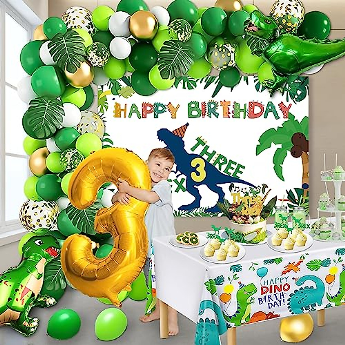 Three Rex Birthday Party Decorations Boy, 3rd Dinosaur Birthday Decorations with 3 Rex Birthday Backdrop Dinosaur Balloon Kit Tablecloth and Cake Toppers for Dino Birthday Decorations for Boys