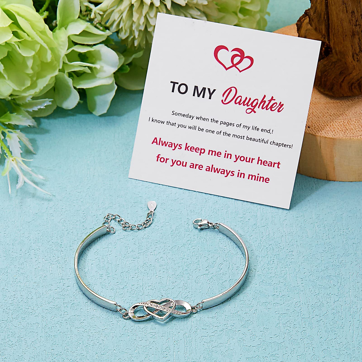 beemean Daughter Infinity Bracelet Infinity Love Heart Bracelet for Daughter-in-Law Bracelet with Inspirational Message Card Adjustable Length Bangle Bracelets(daughter)