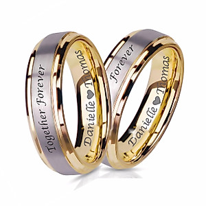 Personalized Stainless Steel Brushed Silver & Gold Ring Set Custom Engraved Free - Ships from USA