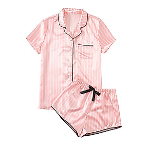 WDIRARA Women's Satin Sleepwear Short Sleeve Button Shirt and Shorts Pajama Set Silky PJ Striped Pink L