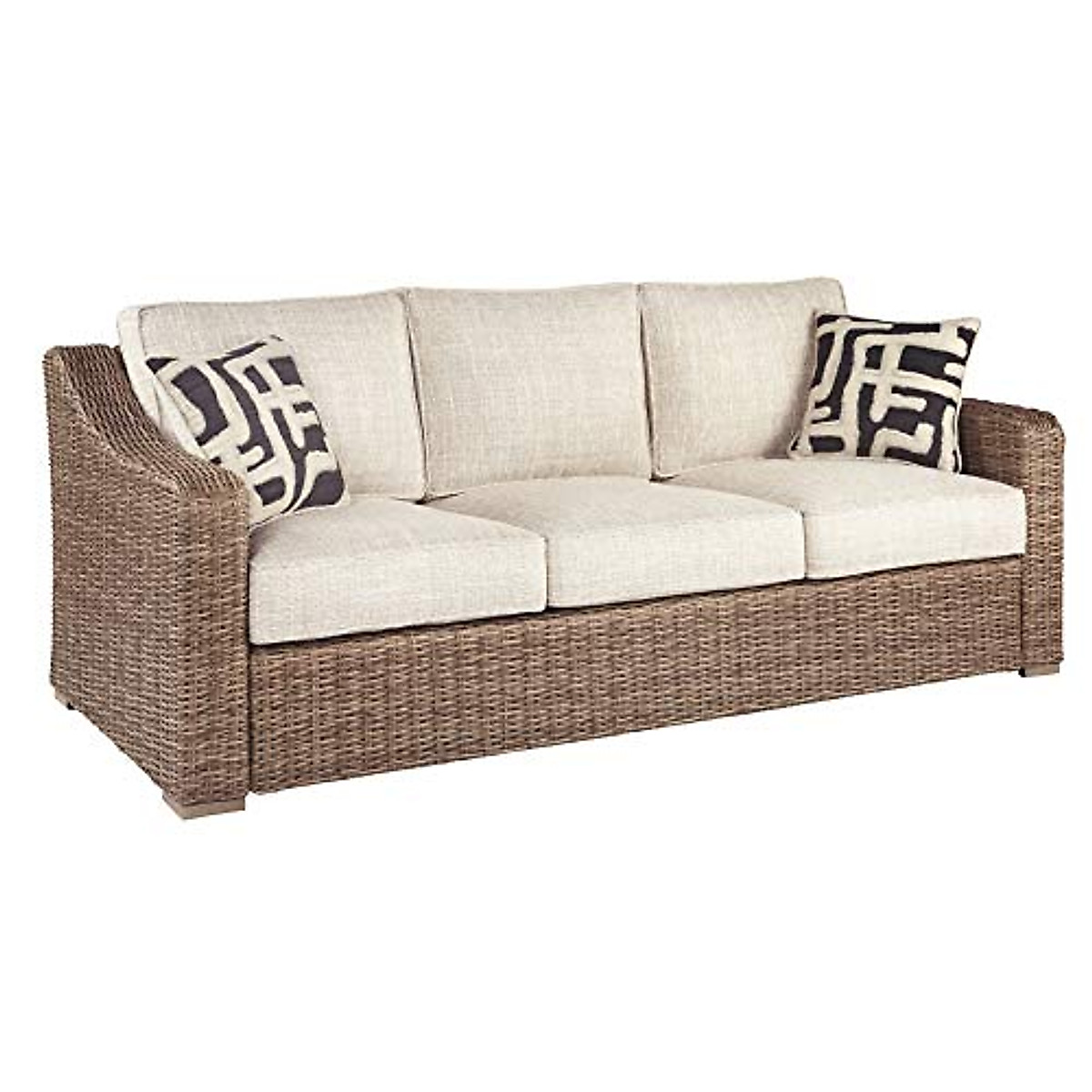 Signature Design by Ashley Beachcroft Outdoor Wicker Patio Sofa with Cushion and 2 Pillows, Beige, Light Gray