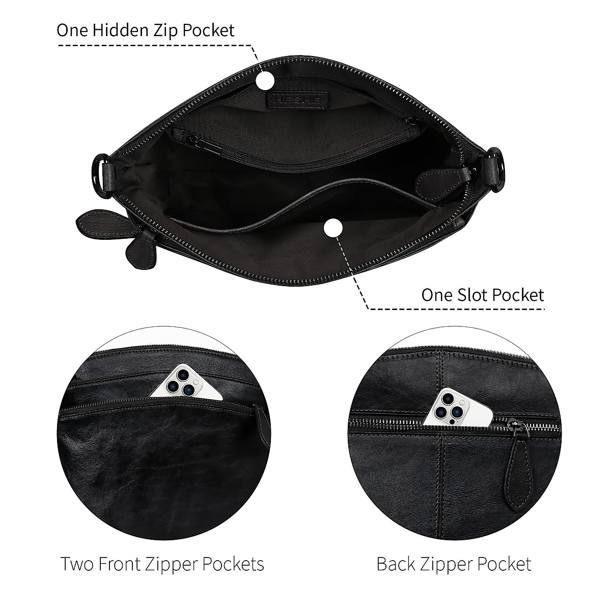 HESHE Crossbody Purses for Women Genuine Leather Purses and Handbags Designer Satchel Purses with Multi-Pockets Vintage Small Shoulder Bags Ladies Hobo Bag (Black)