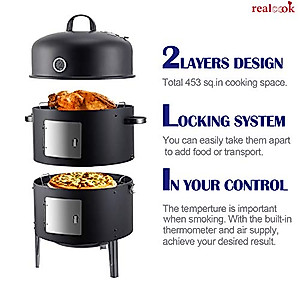 Realcook Vertical 17 Inch Steel Charcoal Smoker, Heavy Duty Round BBQ Grill for Outdoor Cooking, Black