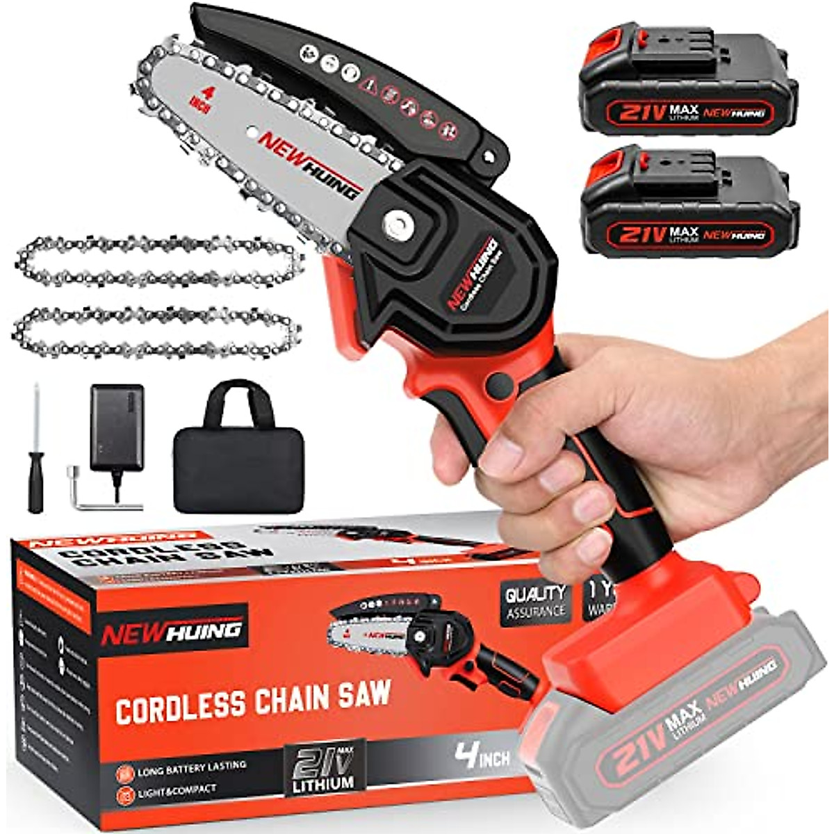 Mini Cordless Chainsaw Kit, Upgraded 4" One-Hand Handheld Electric Portable Chainsaw, 21V Rechargeable Battery Operated, for Tree Trimming and Branch Wood Cutting by New Huing