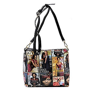 Magazine Cover Collage Michelle Obama Printed Square Hobo bag + Crossbody purse + Wallet 3pcs Set (Multi)