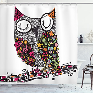 Ambesonne Owls Shower Curtain, Owl Shaped by Geometric Floral Blooms Plants Patterns Colorful Doodle Design, Cloth Fabric Bathroom Decor Set with Hooks, 69" W x 70" L, Multicolor