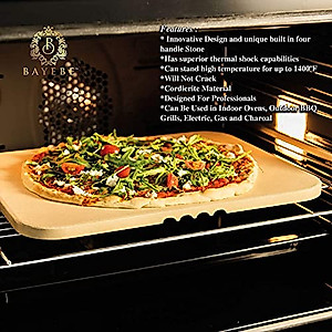 Pizza Stone 12" x 15" Rectangular Baking & Grilling Stone, Perfect for Oven, BBQ and Grill. Innovative Built - in 4 Handles Design - stone baking sheet, Baking Tray, Grilling Stone, Heavy Duty