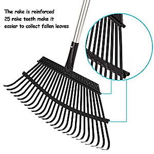 63” Garden Leaf Rake 38”-63”Adjustable Garden Rake,25 tines, Metal Rake for Quick Clean Up of Lawn and Yard