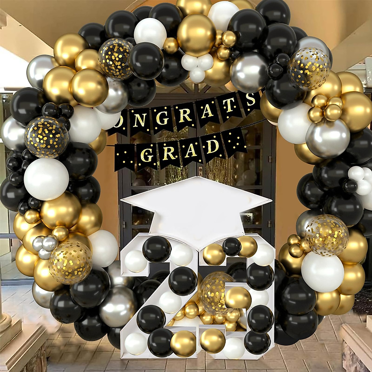 159PCS Black Gold Balloon Arch Garland Kit - Metallic Gold Silver Confetti Latex Balloons for 2024 Graduation Decorations Anniversary Birthday Party Decorations
