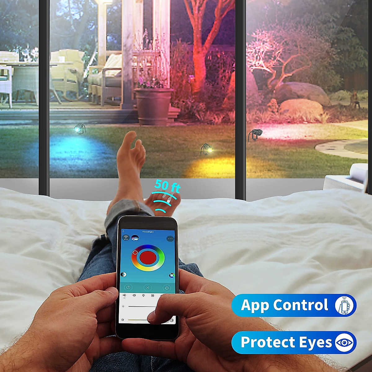 Musuger 1500LM LED High Brightness Outdoor Landscape Lighting 15W RGB Color Changing Landscape Lights Bluetooth Remote Control Spot-Lights with Plug in IP66 Waterproof Flood Light for Garden - 1 Pcs