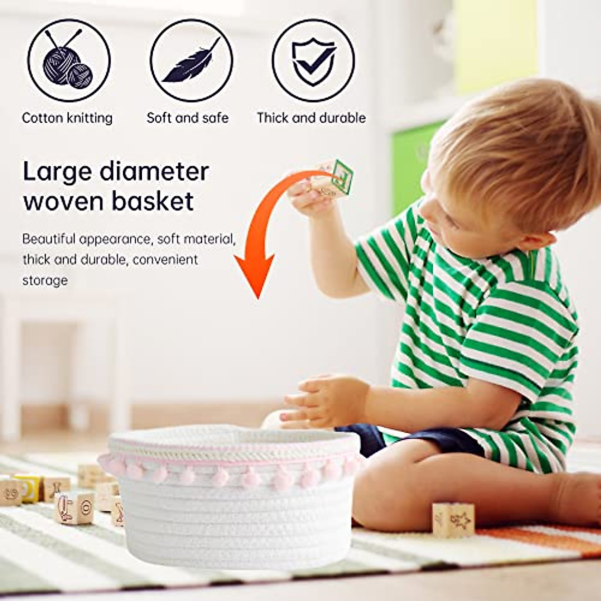 PHEZEN Cotton Rope Basket Bins, Small Woven Storage Baskets for Toy Storage Snacks Clothes Cosmetic Fruits Books Sundries Soft Storage Bins, Boho Woven Storage Baskets Decor Pink (20.5cm x 9.5cm)