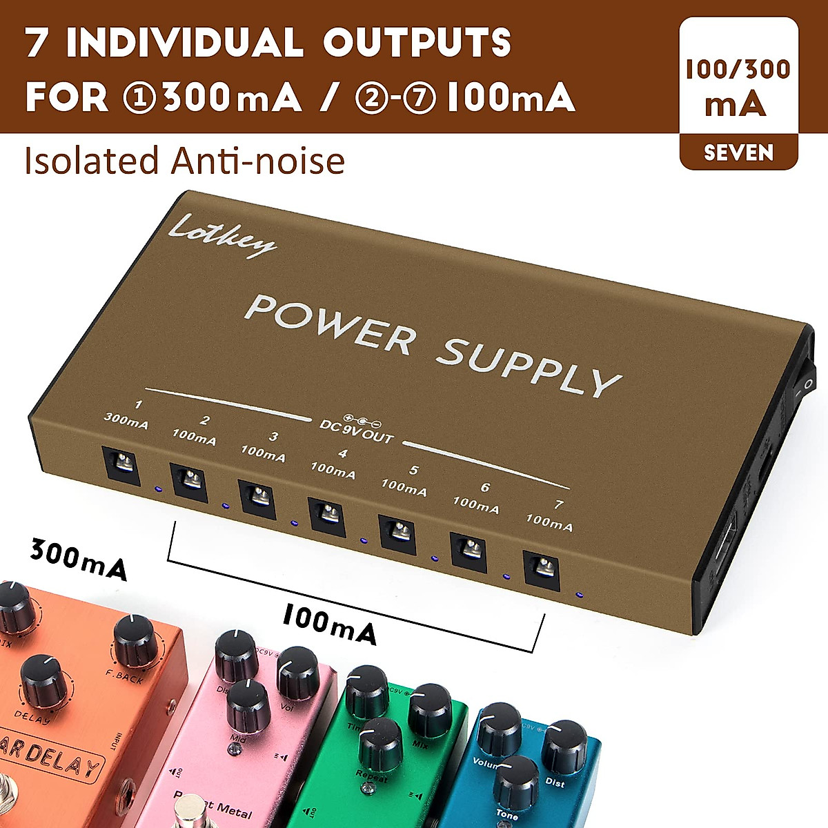 Guitar Pedal Power Supply,Lotkey Power Supply Portable 7 Isolated DC Output Built-in Rechargeable Battery Power Supply for 9V Guitar Bass Effect Pedals with USB Port for iPhone iPad