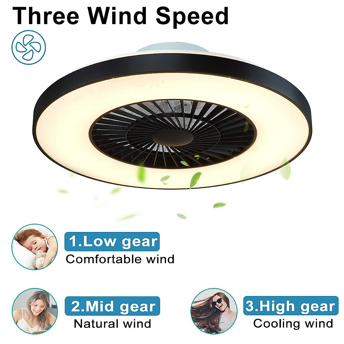 DLLT Modern Ceiling Fans with Lights, 40W LED Dimmable with Remote, 7 Invisible Blades Semi Flush Mount Ceiling Fan Light, 3-Speed Indoor Low Profile Ceiling Fan, 3000K-6500K Timing