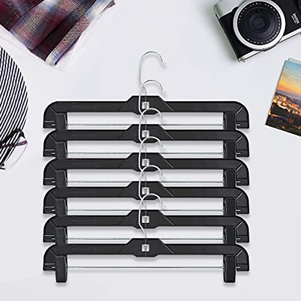 HOUSE DAY Pants Hangers -10 Pack, Skirt Hangers for Women Pants Hangers for Men, Black Pants Hangers with 360-Swivel-Hook, Shorts Hangers with Adjustable Clips Hangers for Pants, Trousers, Skirt, Jean