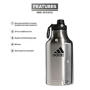 adidas 2 Liter (62 Oz) Metal Water Bottle, Hot/Cold Double-Walled Insulated 18/8, Stainless Steel/Black, One Size