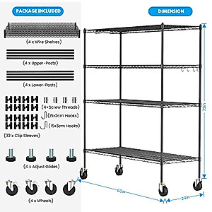 Leteuke Wire Shelving Unit with Wheels, NSF Certified 4 Tier Adjustable Storage Shelves 60"×24"×72", 2400LBS Heavy Duty Shelving Commercial Grade Metal Storage Utility Rack for Kitchen Garage, Black