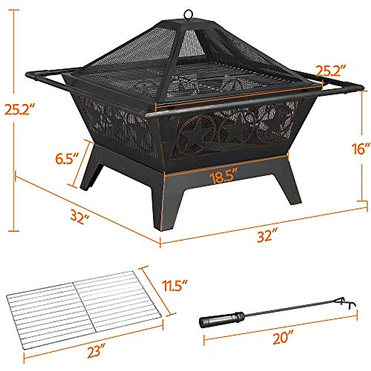 Yaheetech 32in Outdoor Fire Pit Metal Square Firepit Wood Burning Backyard Patio Garden Beaches Camping Picnic Bonfire Stove with Spark Screen, Log Poker
