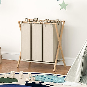 laundry hamper 3 section, Dirty Clothes Hamper with removable bags, Bamboo Laundry Basket,150L Large Laundry Sorter Organization, Foldable X-Frame Laundry Bin for Bedroom, Laundry Room, Bathroom