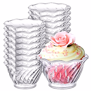 Rtteri 30 Pack Plastic Dessert Cups 6 oz Clear Ice Cream Sundae Tasting Bowls, Mini Round Swirl Tulip Shape Party Buffet Serving Cups for Yogurt Salad Appetizer Chocolate Candy Parfait Fruit