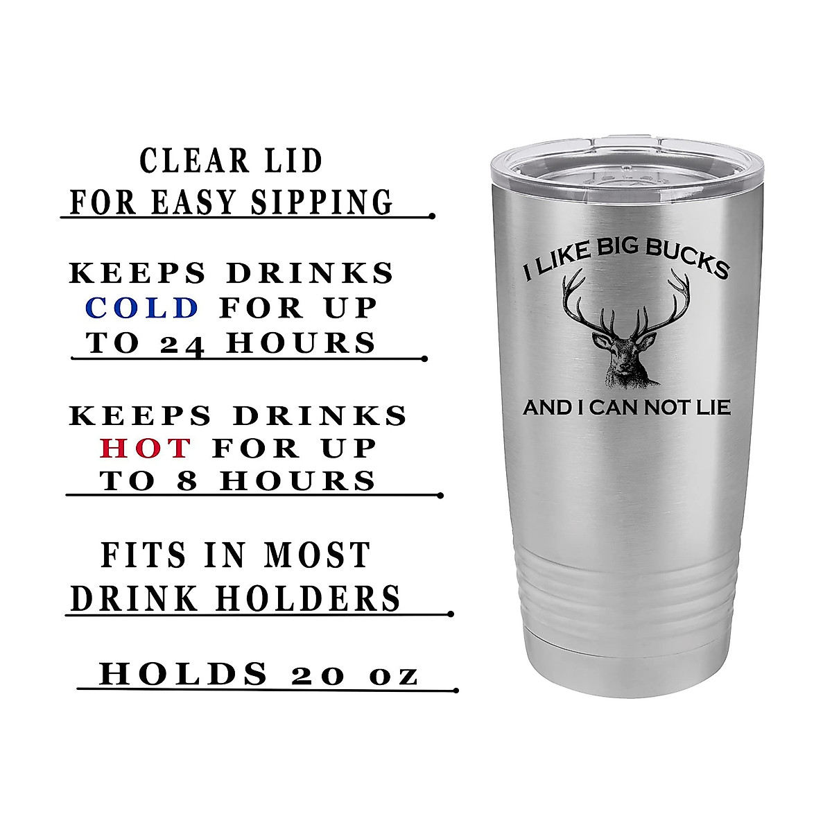 Rogue River Tactical Funny Hunting 20 Oz. Travel Tumbler Mug Cup w/Lid Vacuum Insulated Hot or Cold I Like Big Bucks Hunter Gift