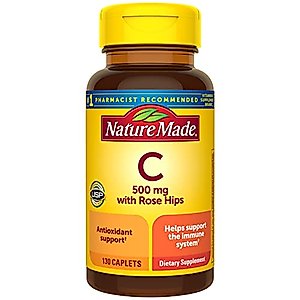 Nature Made Vitamin C 500 mg with Rose Hips, Dietary Supplement for Immune Support, 130 Caplets, 130 Day Supply